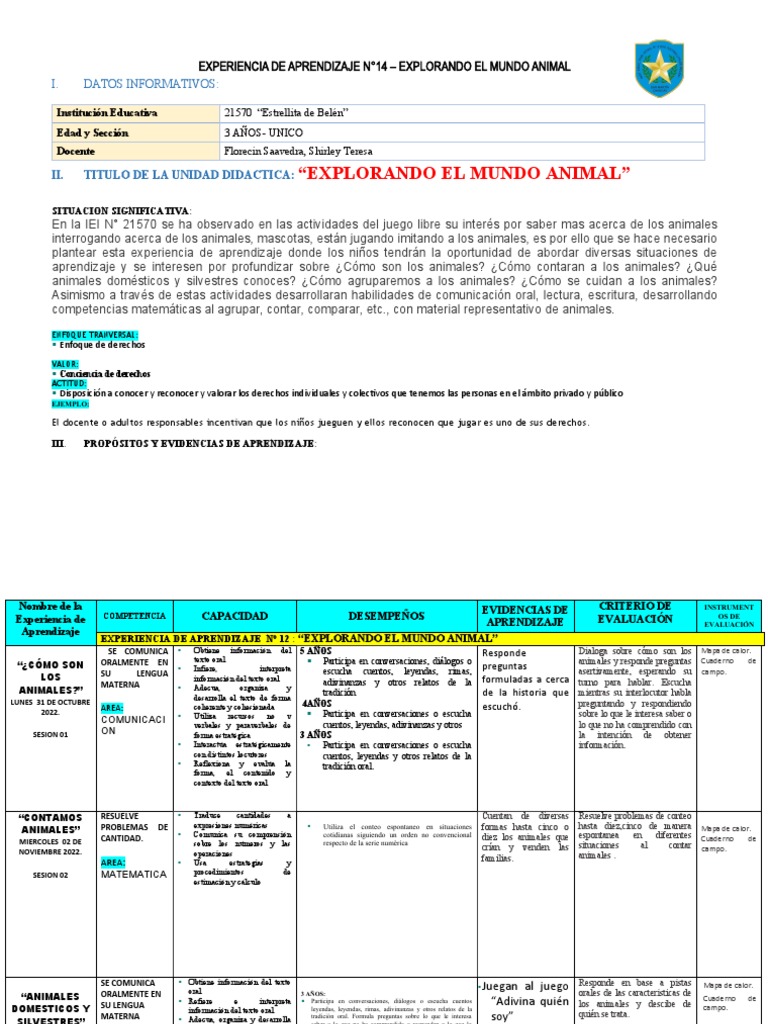 Experiencia N°12 Noviembre Explorando El Mundo Animal | PDF | Aprendizaje | Evaluación
