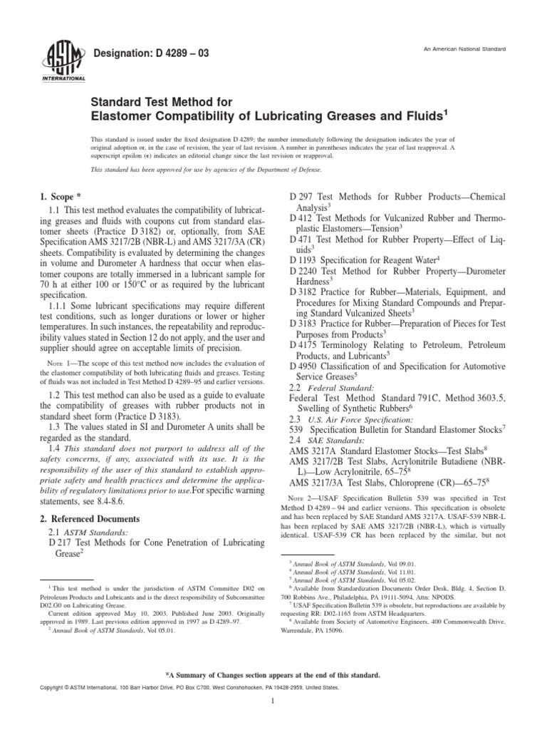 ASTM D4289-03 Standard Test Method For Elastomer Compatibility of ... ASTM D4289-03 Standard Test Method For Elastomer Compatibility of ...