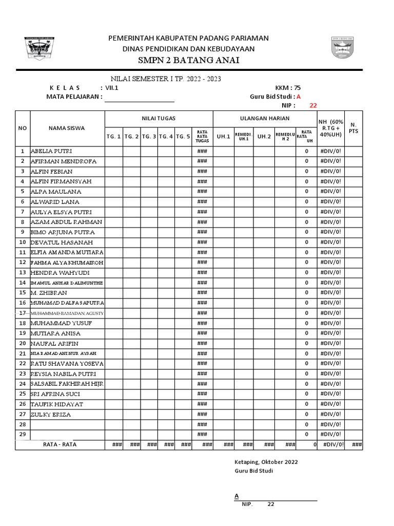 Blanko Nilai Tengah Semester 1 TP.2022 - 2023 Kelas Vii | PDF