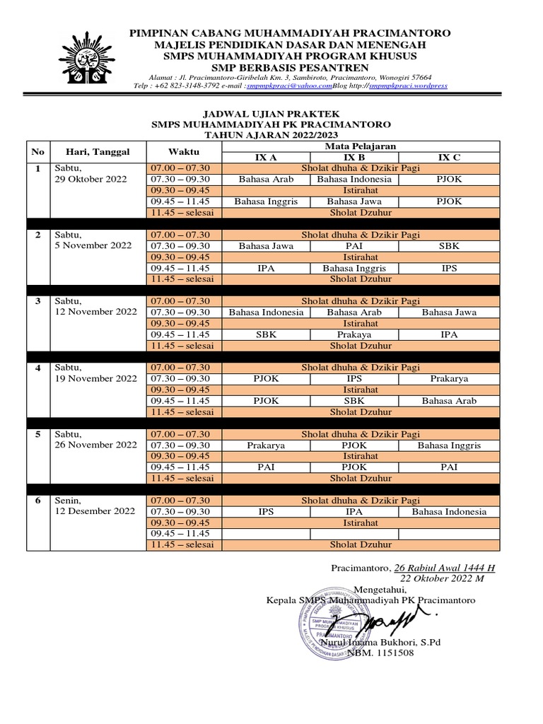 JADWAL UJIAN PRAKTEK Kelas 9 | PDF