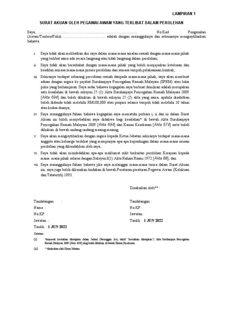 Borang Integiriti Pact Lampiran 1 | PDF