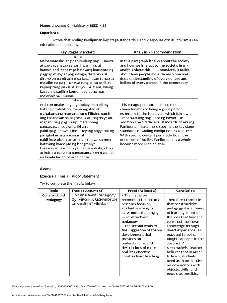 Social Studies Module 3 Mahinay | PDF | Constructivism (Philosophy Of ...