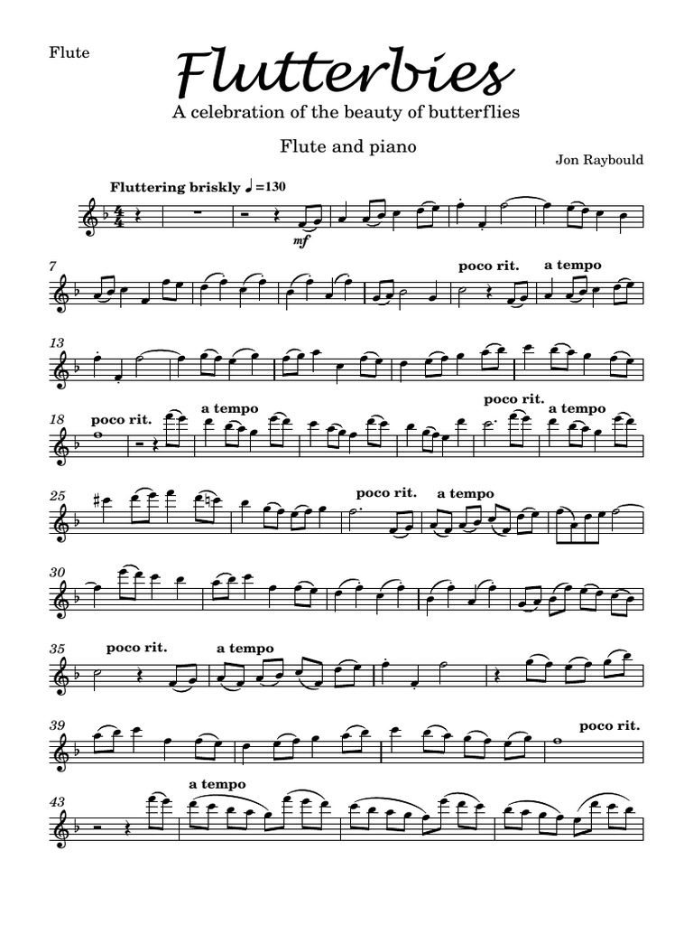 Flutterbies For Flute and Piano - by Jon Raybould - FLUTE PART | PDF ...