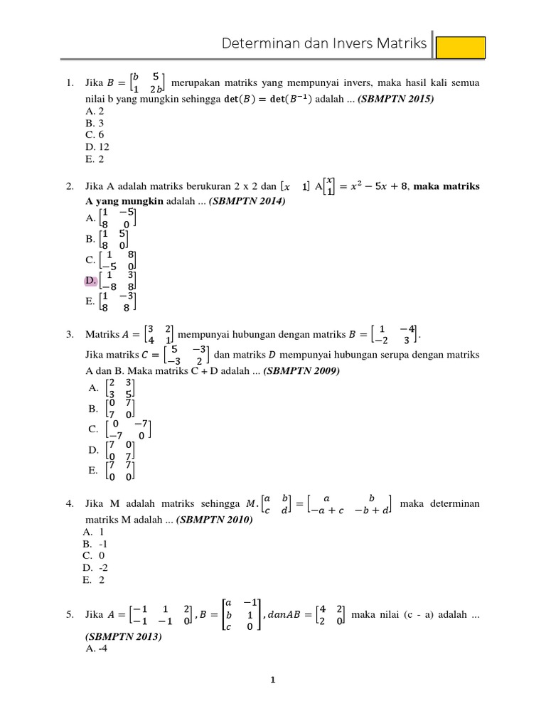 Soal Latihan Determinan Dan Invers Matriks - 2022 1 | PDF