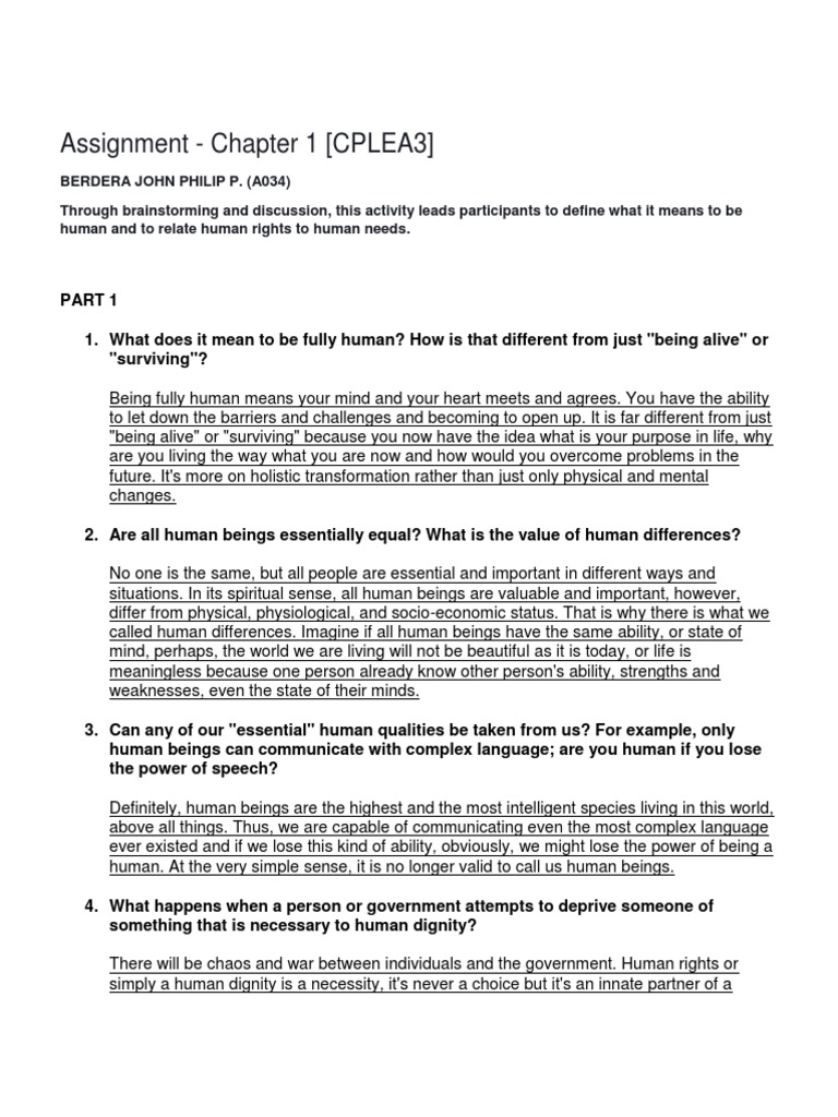 Assignment Chapter 1 CPLEA5 | PDF | Human Rights | Mind