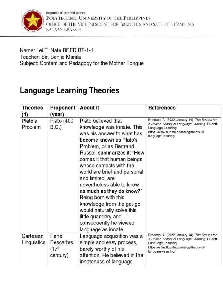 Language Learning & Acquisition Theories | PDF | Language Acquisition ...