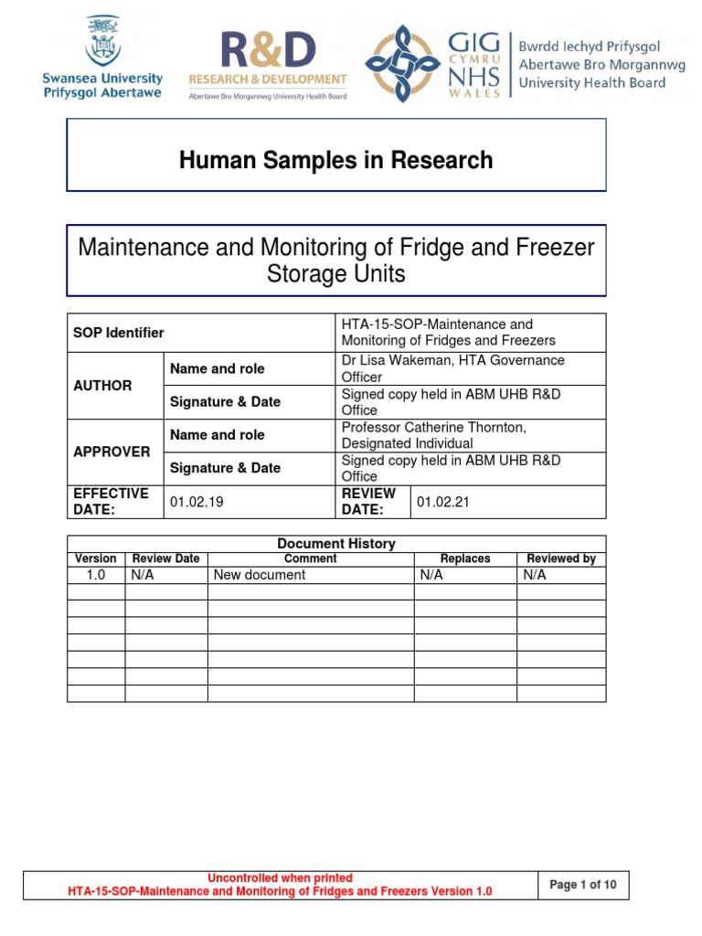 HTA 15 SOP Maintenance and Monitoring of Fridges and Freezers | PDF ...