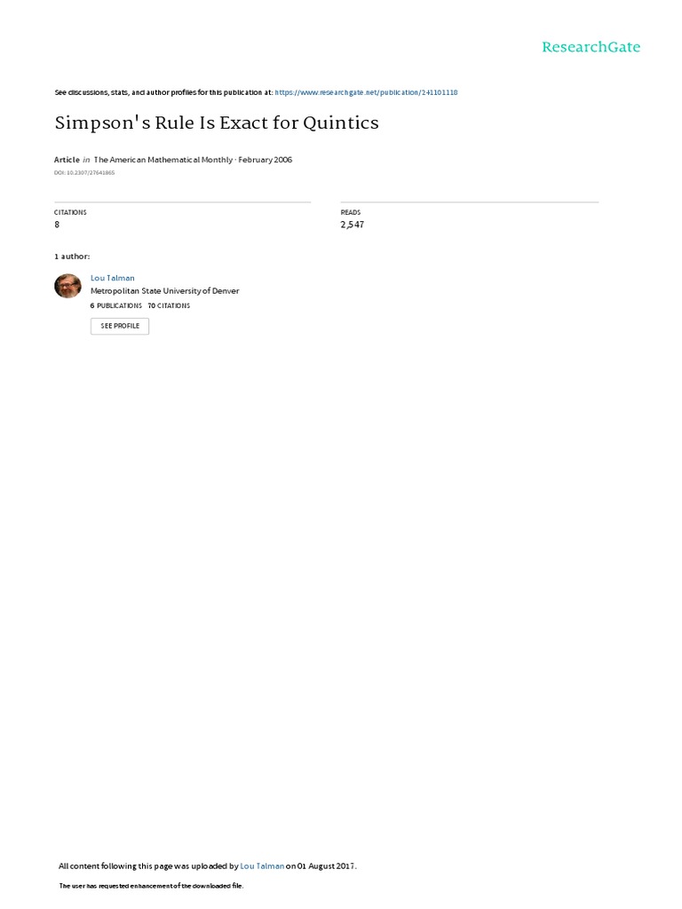 Simpson's Rule Exact for Quintics | PDF | Integral | Function (Mathematics)