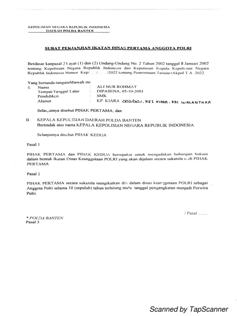 Surat Perjanjian Ikatan Dinas Pertama Anggota Polri Pdf