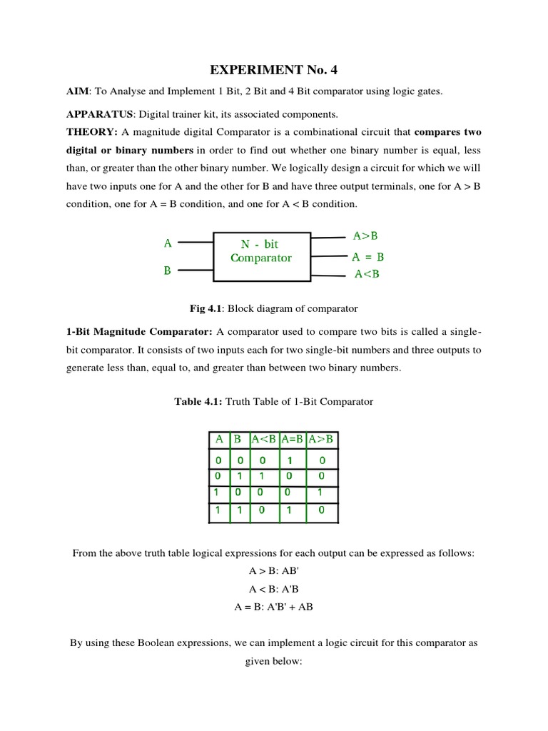1 Bit, 2 Bit and 4 Bit Comparator | PDF | Logic Gate | Bit