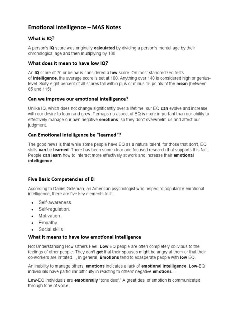 Emotional Intelligence - MAS Notes-2 | PDF | Emotional Intelligence ...