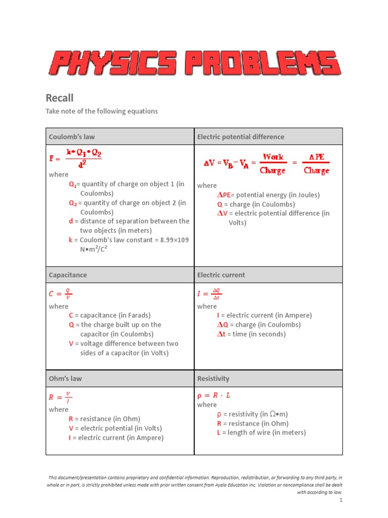 Review of Electrical Quantities and Formulas with Example Problems | PDF | Volt | Voltage