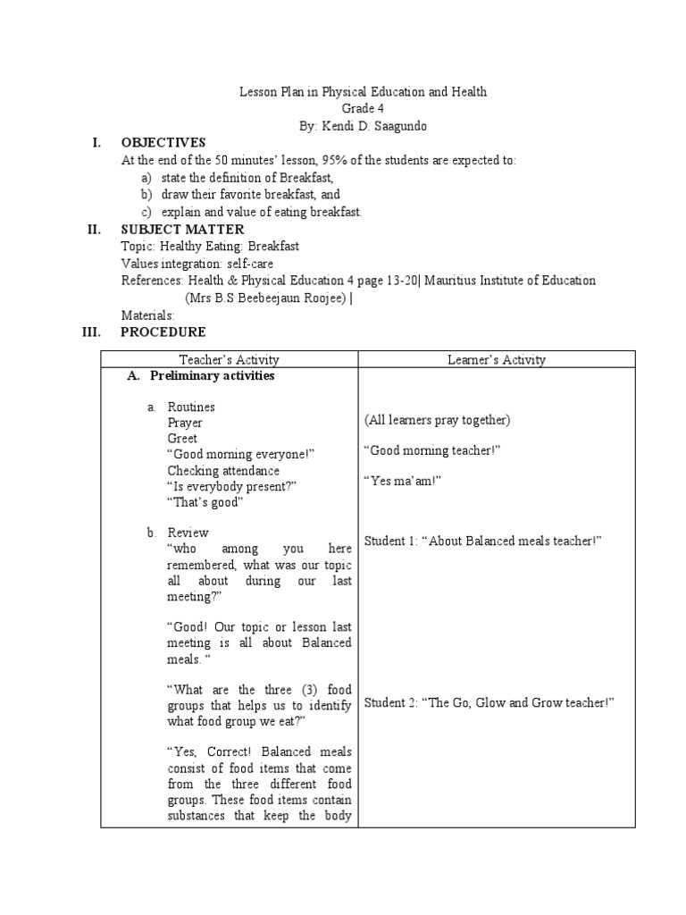 Lesson Plan in Physical Education and Health | PDF | Meal | Nutrients