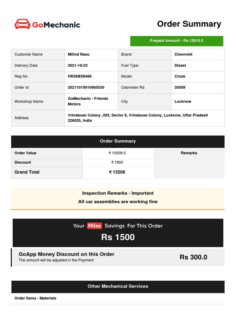 GoMechanic OrderBill Null | PDF | Clutch | Car