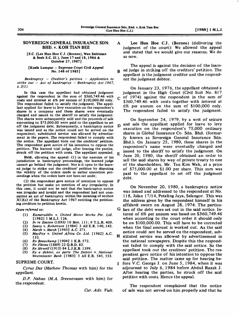 Sovereign General Insurance SDN BHD V Koh Tian Bee | PDF