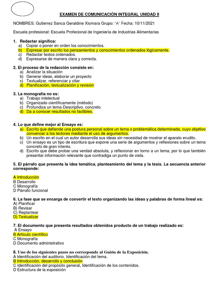 Examen Ii De Comunicación Integral Ii Unidad Gutierrez Sanca