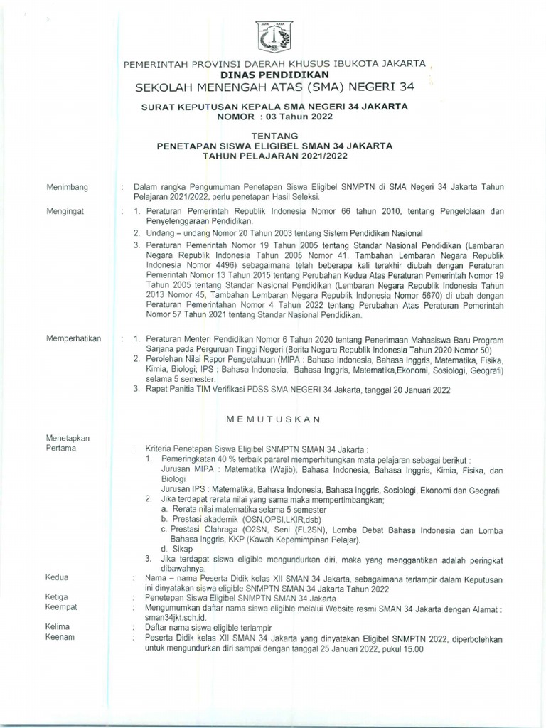 SK Penetapan Siswa Eligibel SNMPTN MIPA DAN IPS SMAN 34 Jakarta 2022revisi 1 | PDF