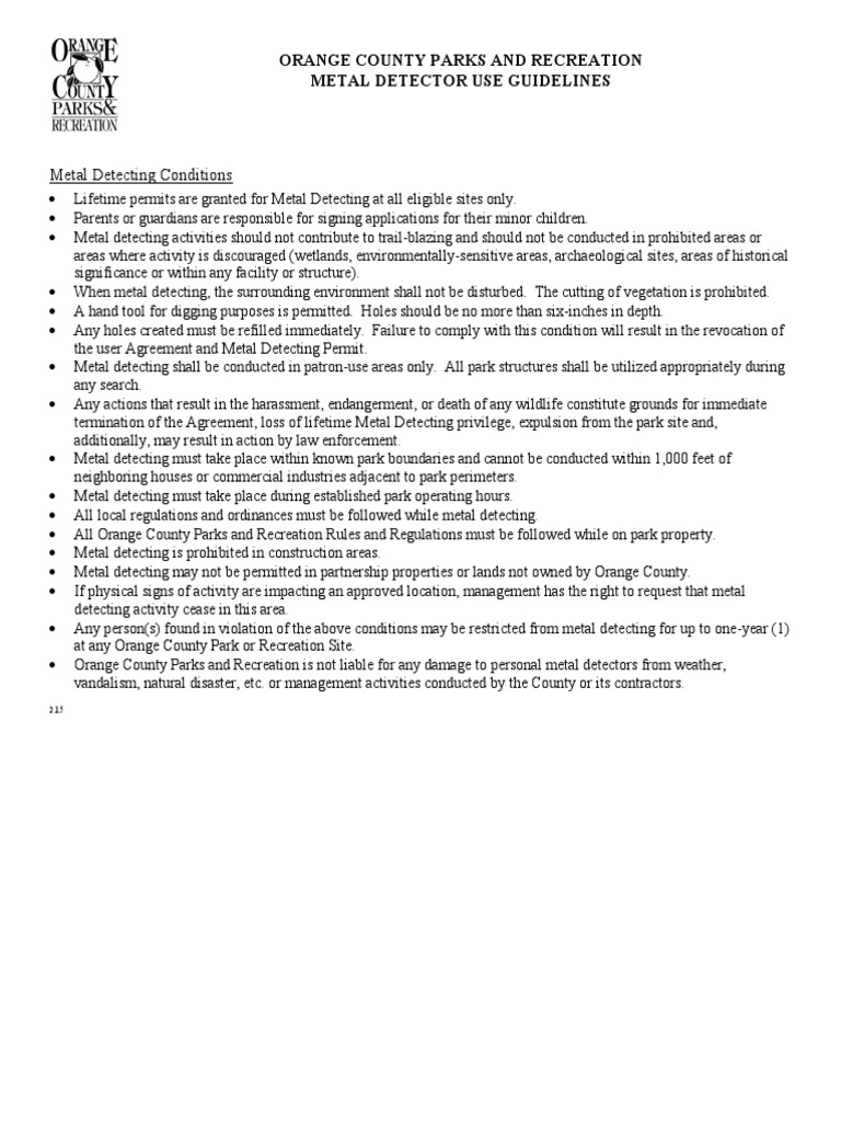 Metal Detecting Guidelines in OC Parks | PDF | Indemnity | Metal Detector