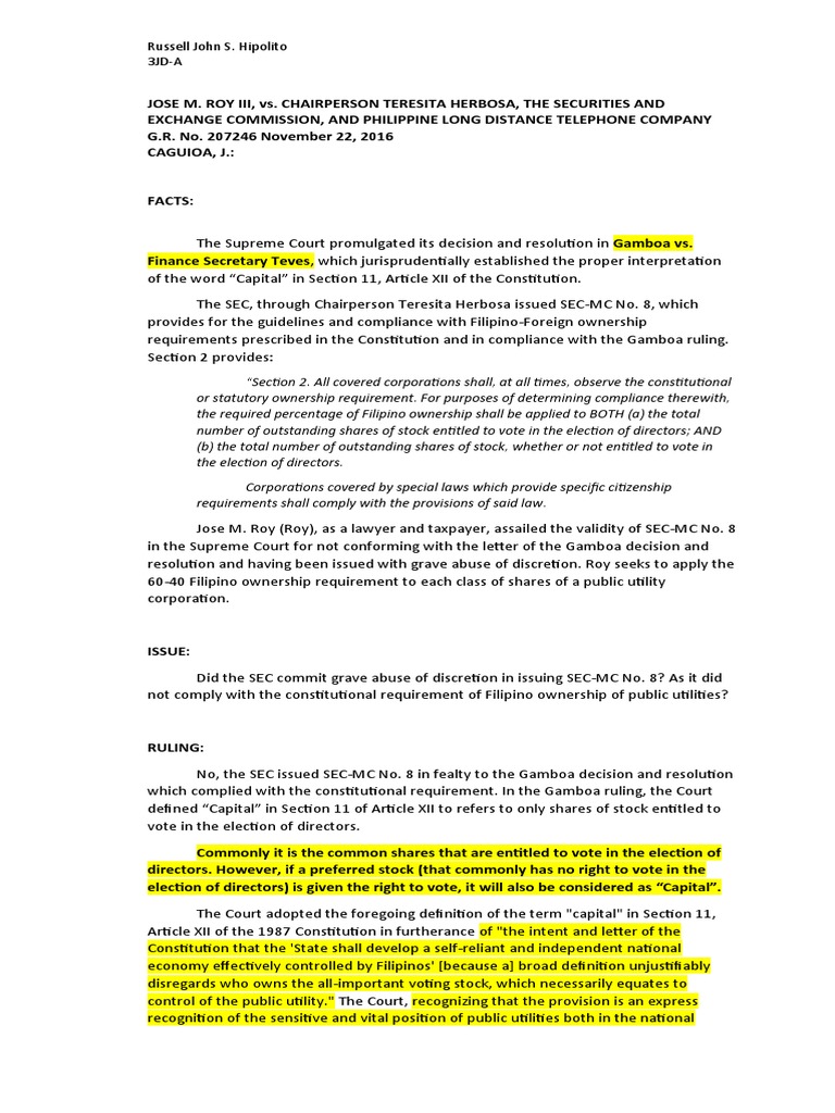 Roy v. Herbosa G.R. No. 207246 | PDF | Stocks | Corporations