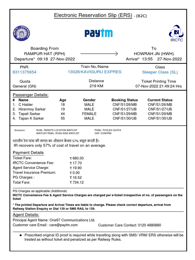 Electronic Reservation Slip for Train Travel | PDF | Identity Document