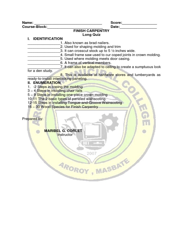 Finish Carpentry Long Quiz | PDF | Home & Garden