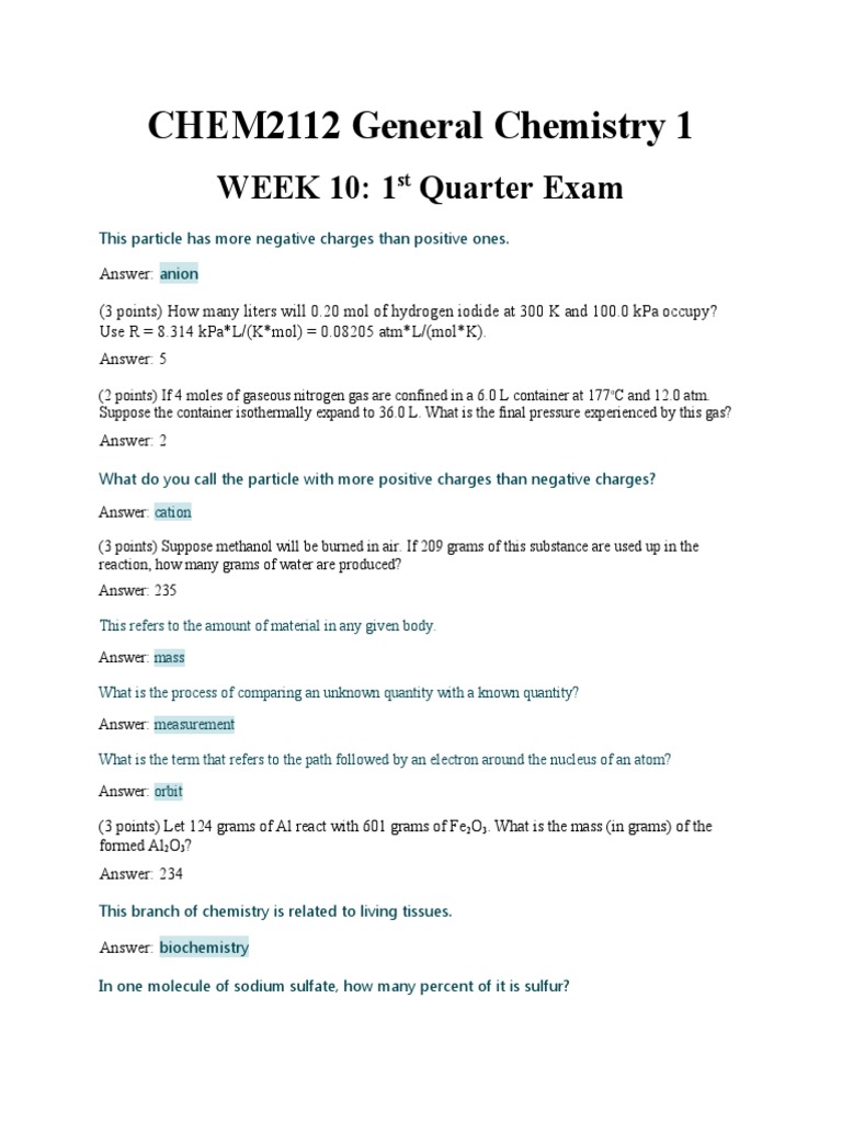 CHEM2112 General Chemistry 1 First Quarter Exam | PDF | Mole (Unit) | Chemical Reactions