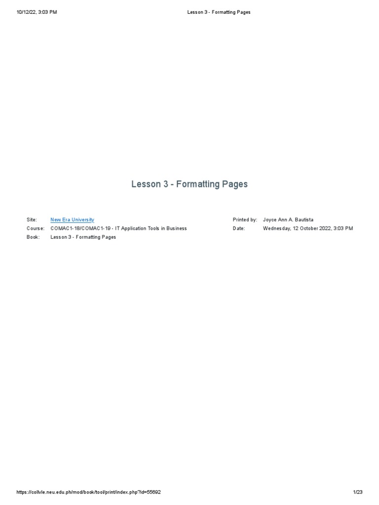 Lesson 3 Formatting Pages Pdf Microsoft Word Cursor User