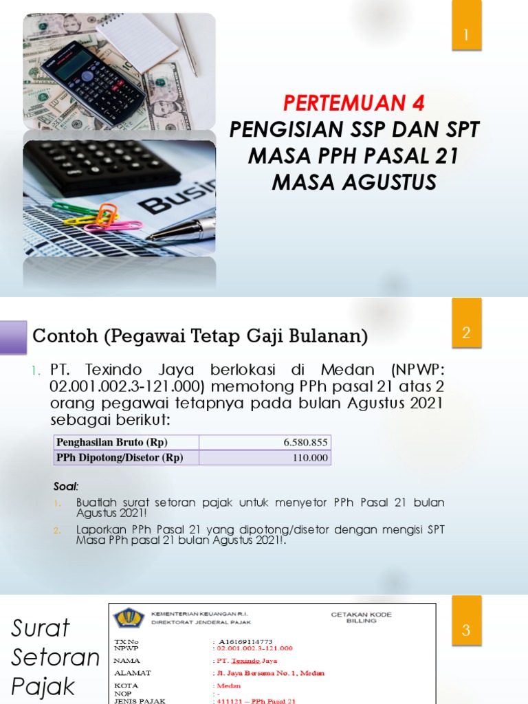 Pengisian SSP Dan SPT Masa PPH Pasal 21 Masa Agustus | PDF