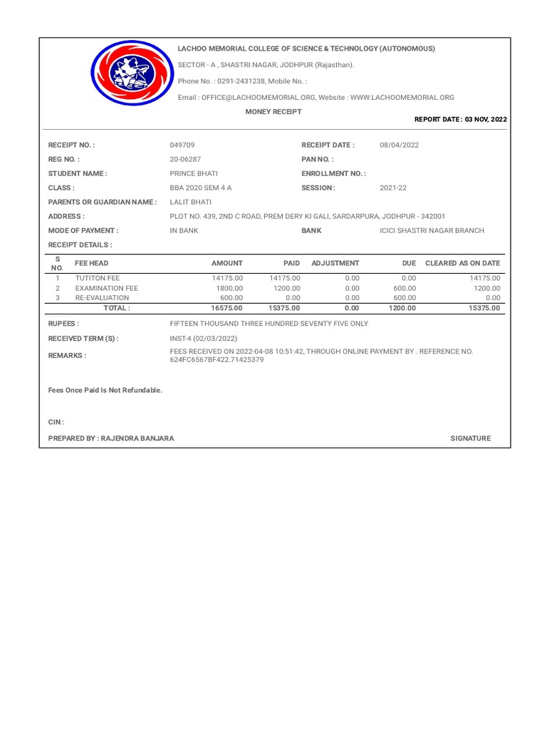 Lachoo College BBA Fee Receipt 2022 | PDF | Service Industries | Payments
