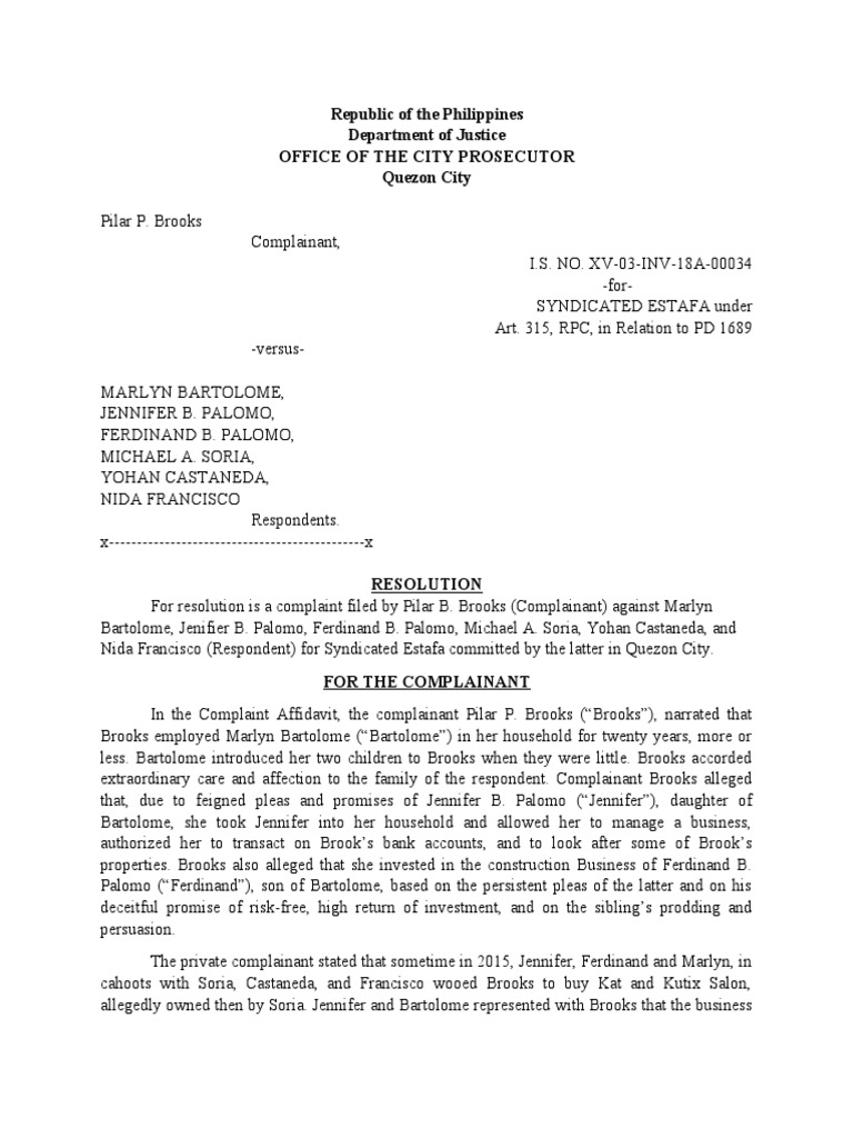 Brooks v. Bartolome (Syndicated Estafa) | PDF | Fraud | Criminal Law