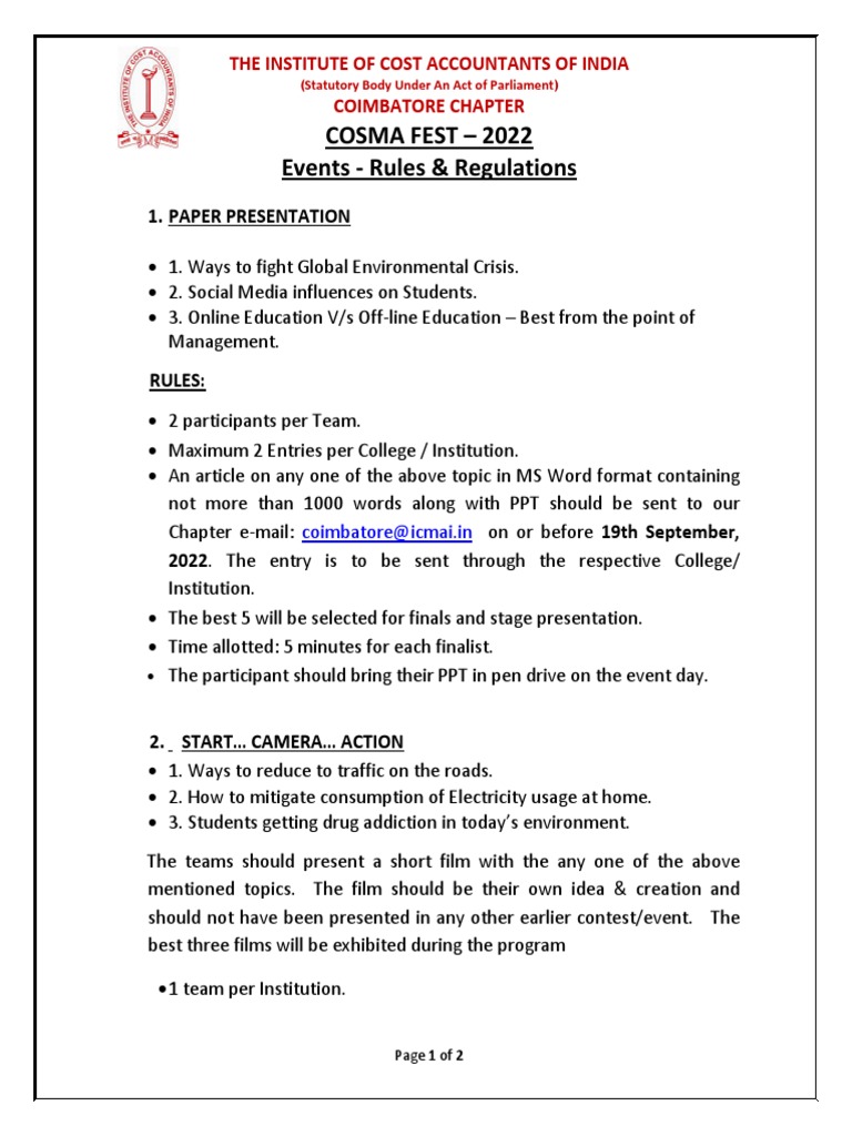COSMA FEST - Events - Rules & Regulations | PDF | Public Sphere | Communication