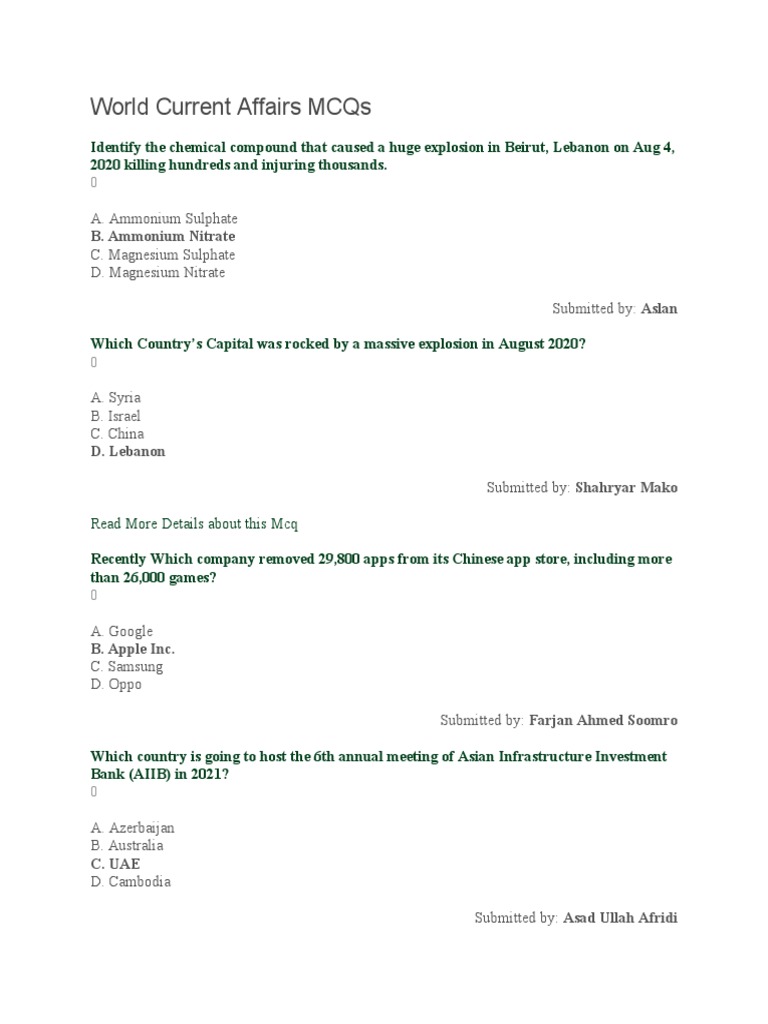 World Current Affairs MCQs | PDF | United Nations Security Council | Pakistan