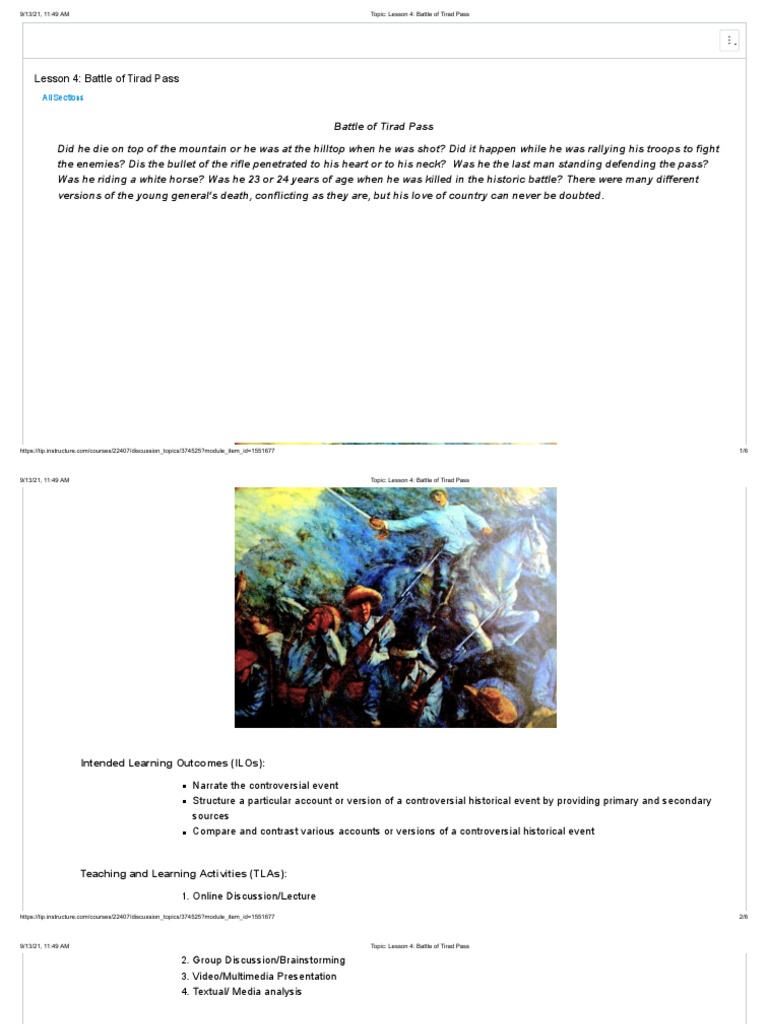 Topic - Lesson 4 - Battle of Tirad Pass | PDF | Conflicts | Battles