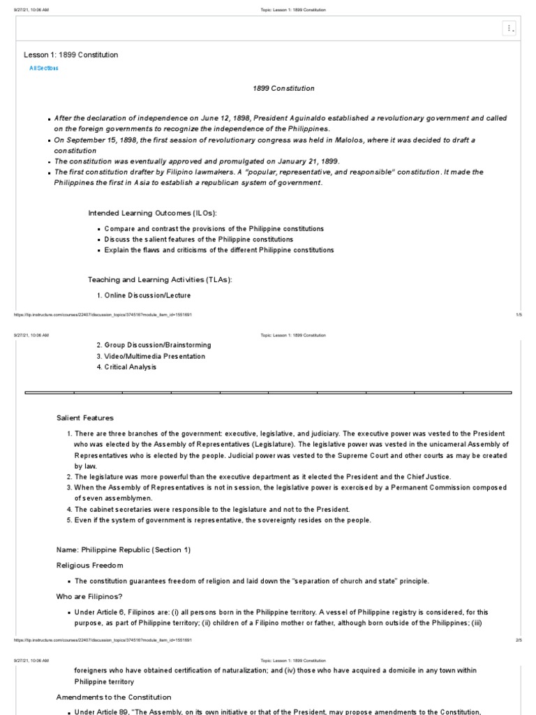 Topic - Lesson 1 - 1899 Constitution | PDF | Constitution ...
