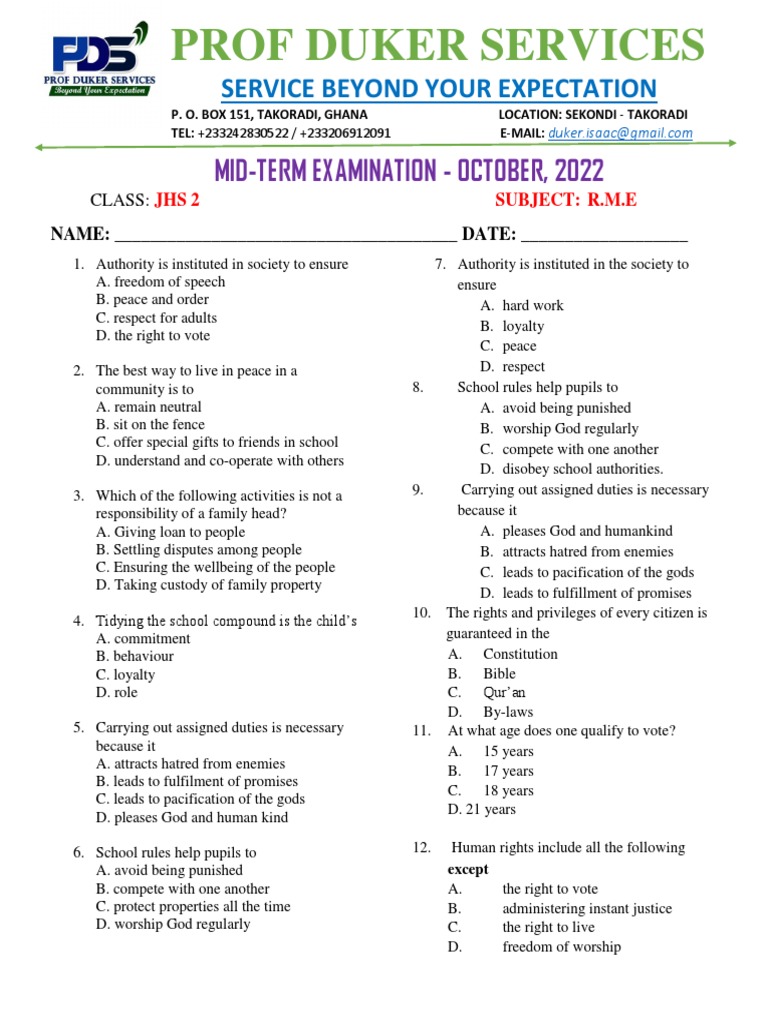 R.M.E Mid Term 2022 Basic 8 Prof Duker Oct | Download Free PDF | Mercy
