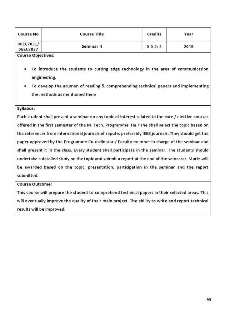 MTech Seminar II and Project Syllabus | PDF | Thesis | Master's Degree