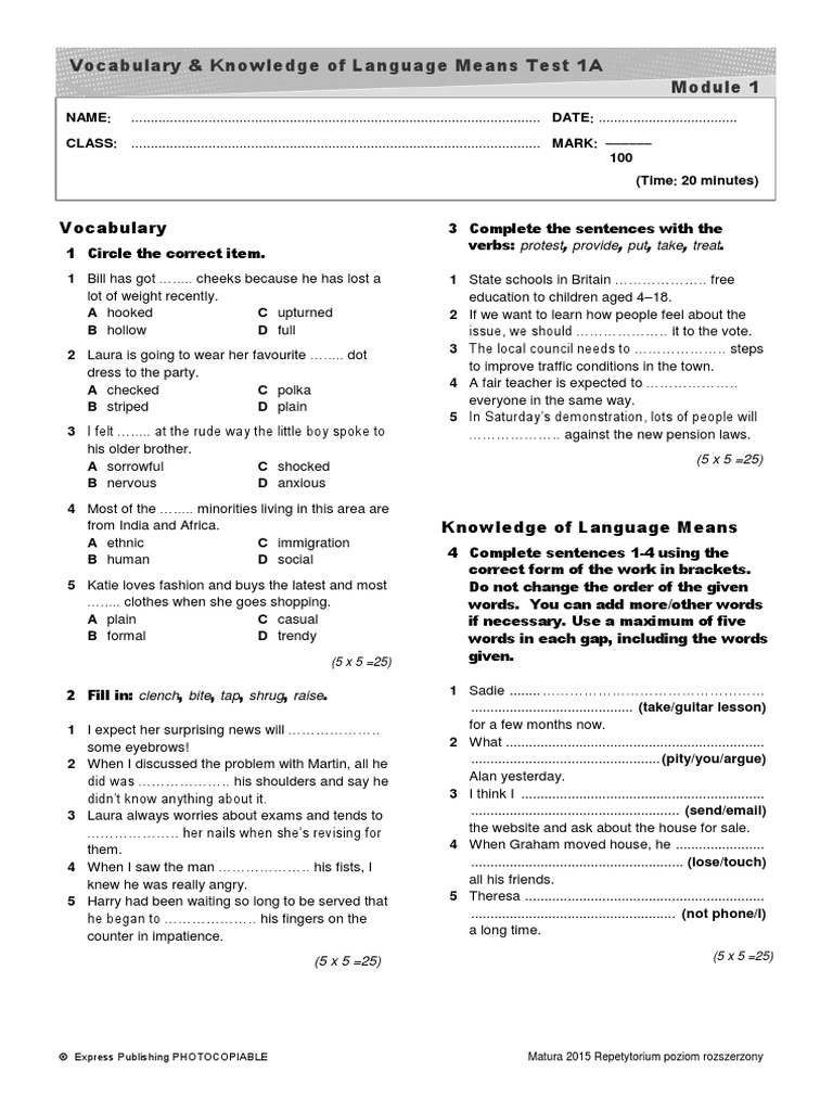 2 Matura 2015 Repetytorium PR Vocabulary Test Module 1 Ab-2 | PDF