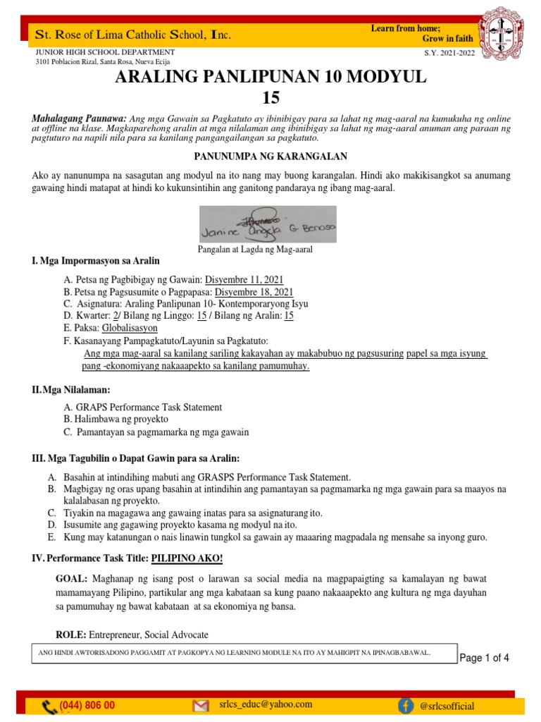 Araling Panlipunan 10 Module 15 Benosa Janine Angelag. | PDF