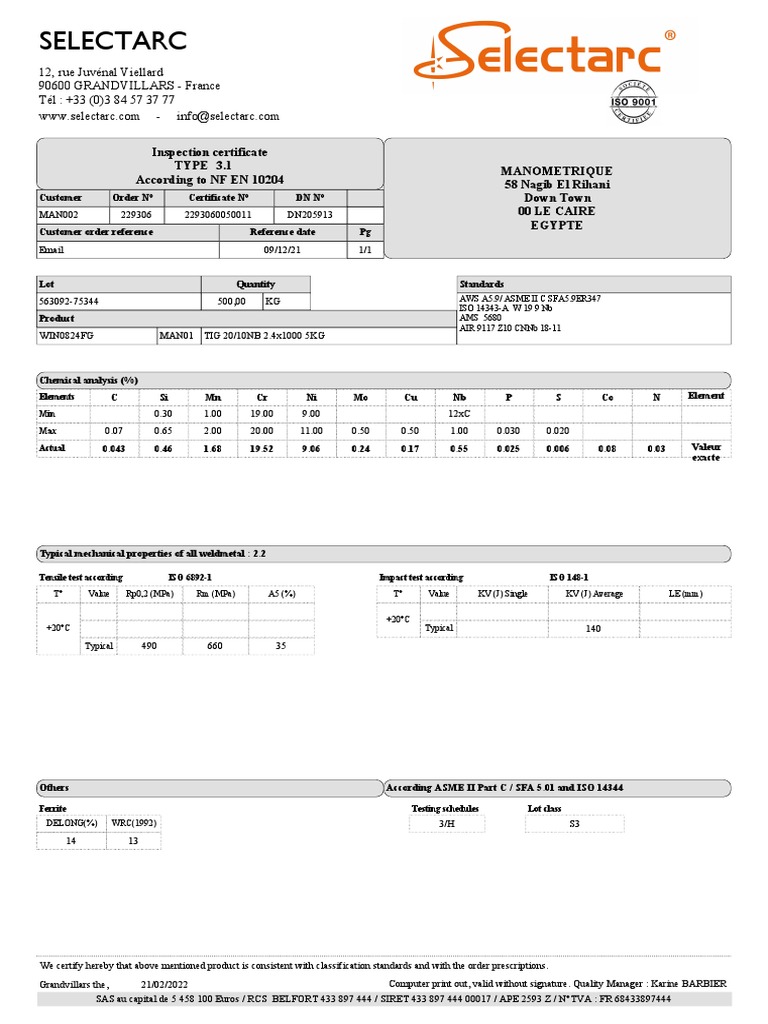 Test Certificate-ER347-lot 563092-75344 | PDF | Chemical Substances ...