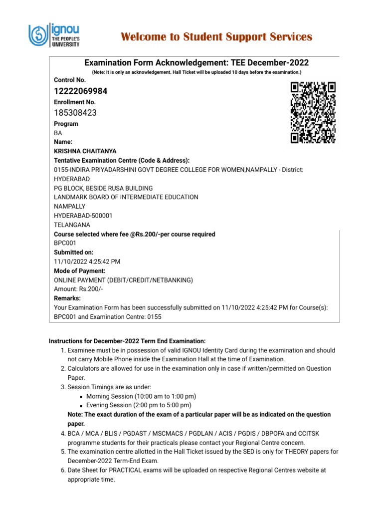 IGNOU__ Examination Form Acknowledgement (1) | PDF