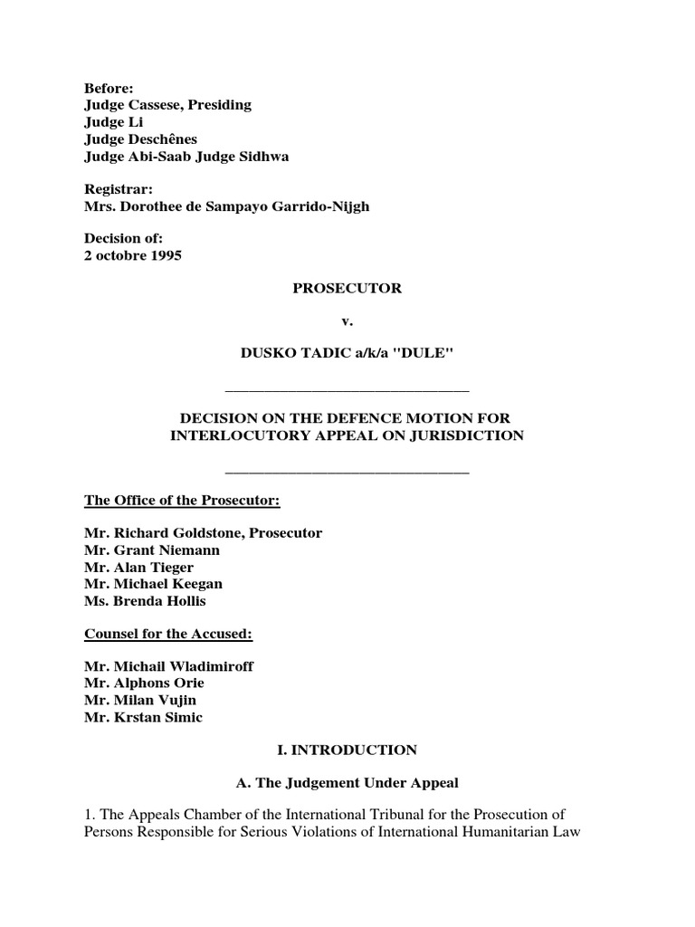 Prosecutor V Tadic (IT-94-1-AR72) ICTY | PDF | Appeal | Jurisdiction