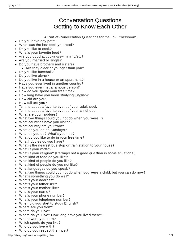 ESL Conversation Questions - Getting To Know Each Other (I-TESL-J ...