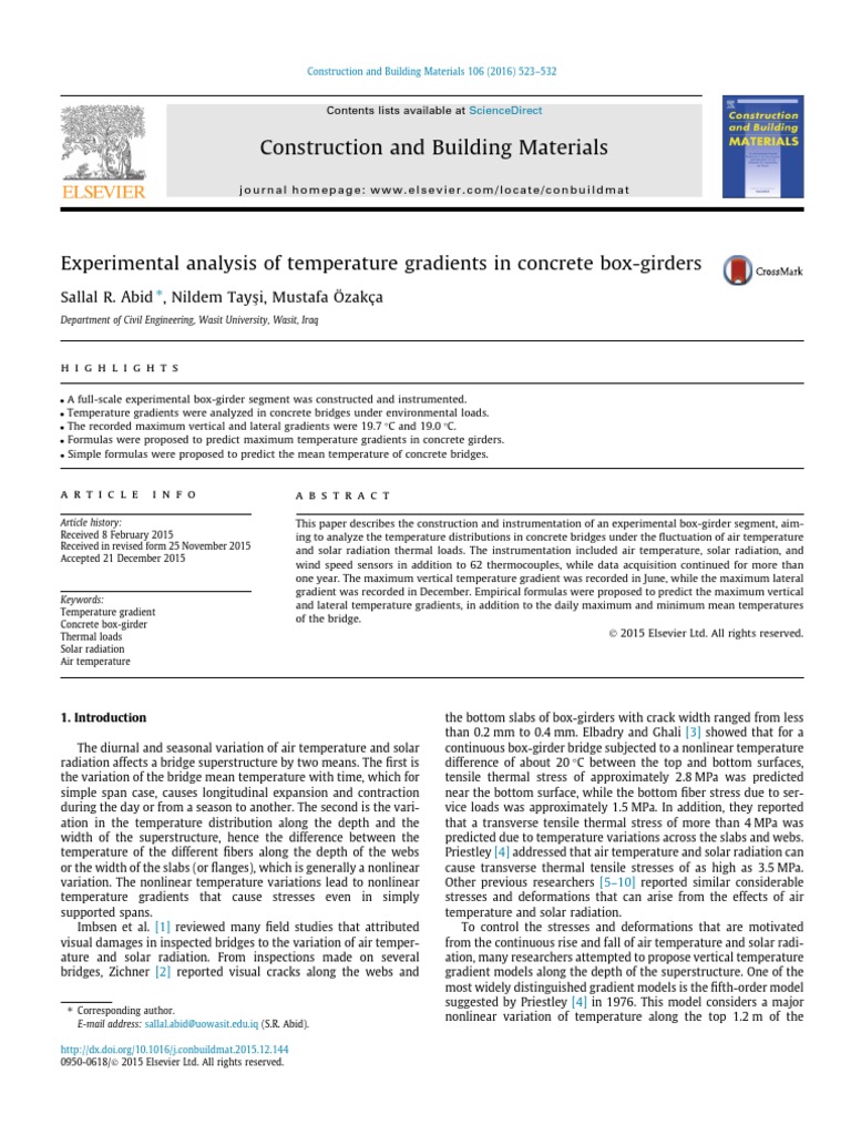 (2016) Experimental Analysis of Temperature Gradients in Concrete Box-Girders - Abid | PDF