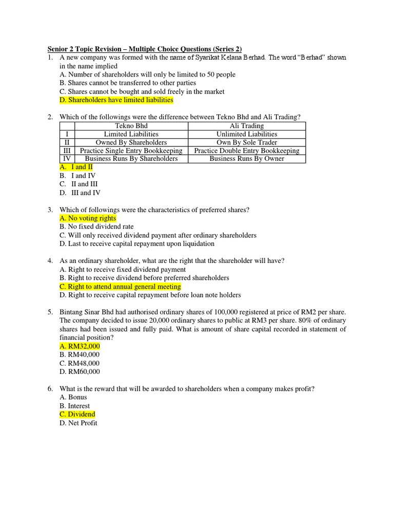 Senior 2 Topic Revision - MCQ Question (Series 2) Answer | PDF ...