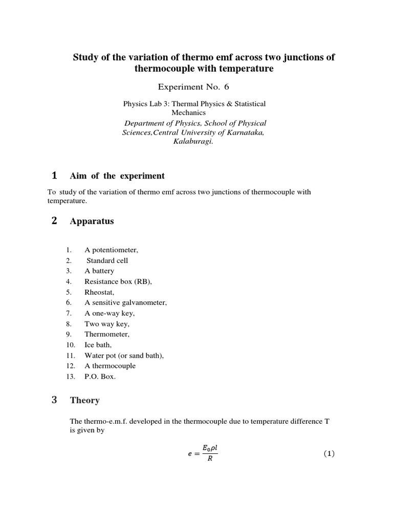 Experiment 6 Emf Two Junctions Thermocouple | PDF | Thermocouple ...