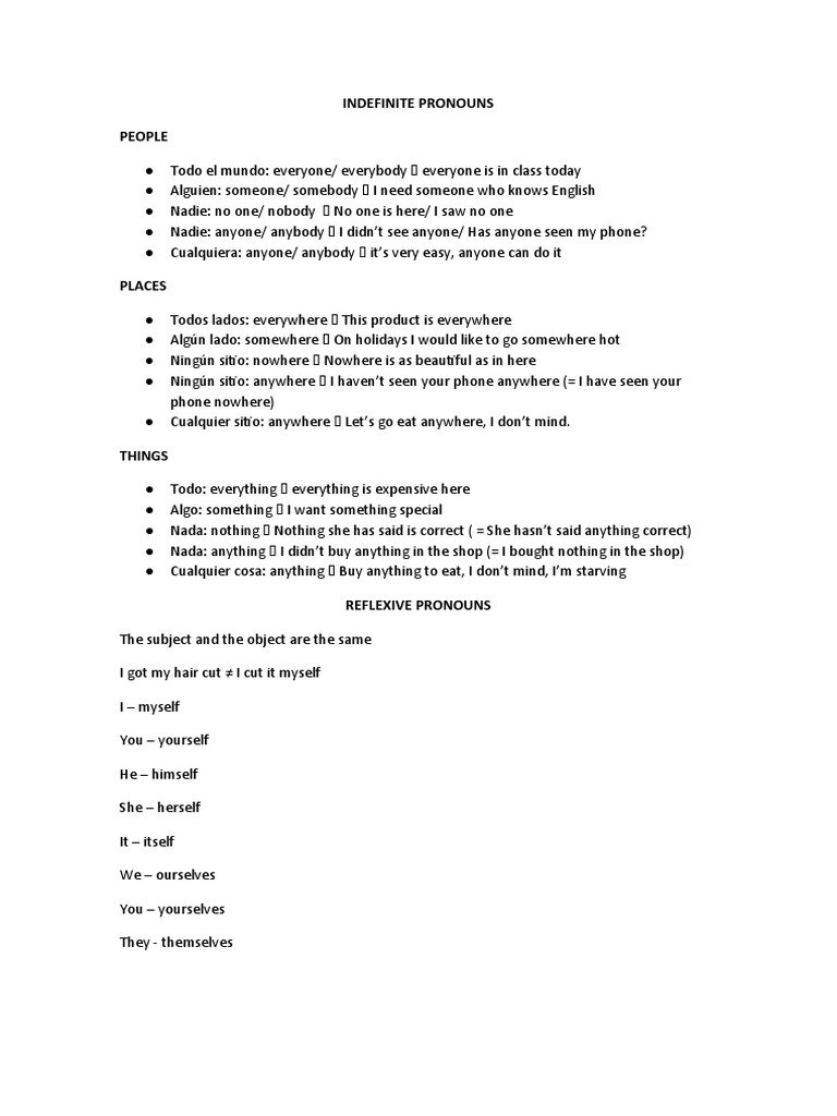 INDEFINITE and REFLEXIVE PRONOUNS | PDF