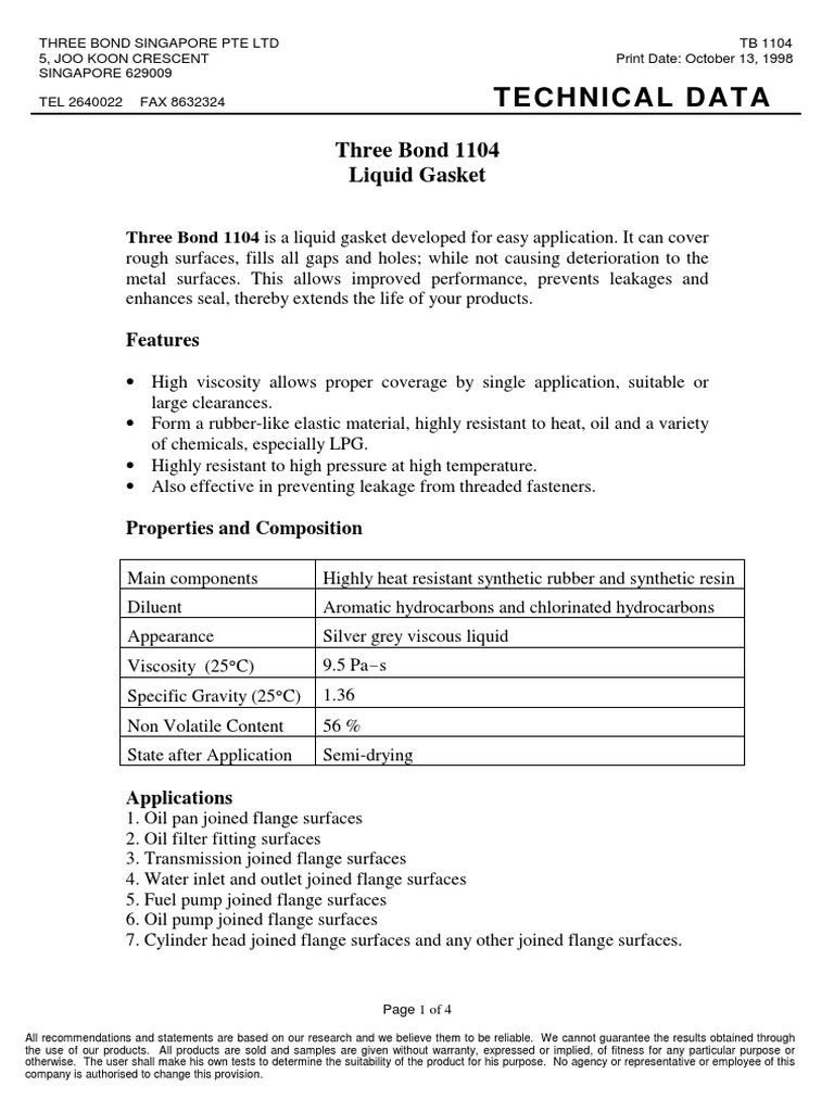 Technical Data: Three Bond 1104 Liquid Gasket | PDF | Pump | Liquids
