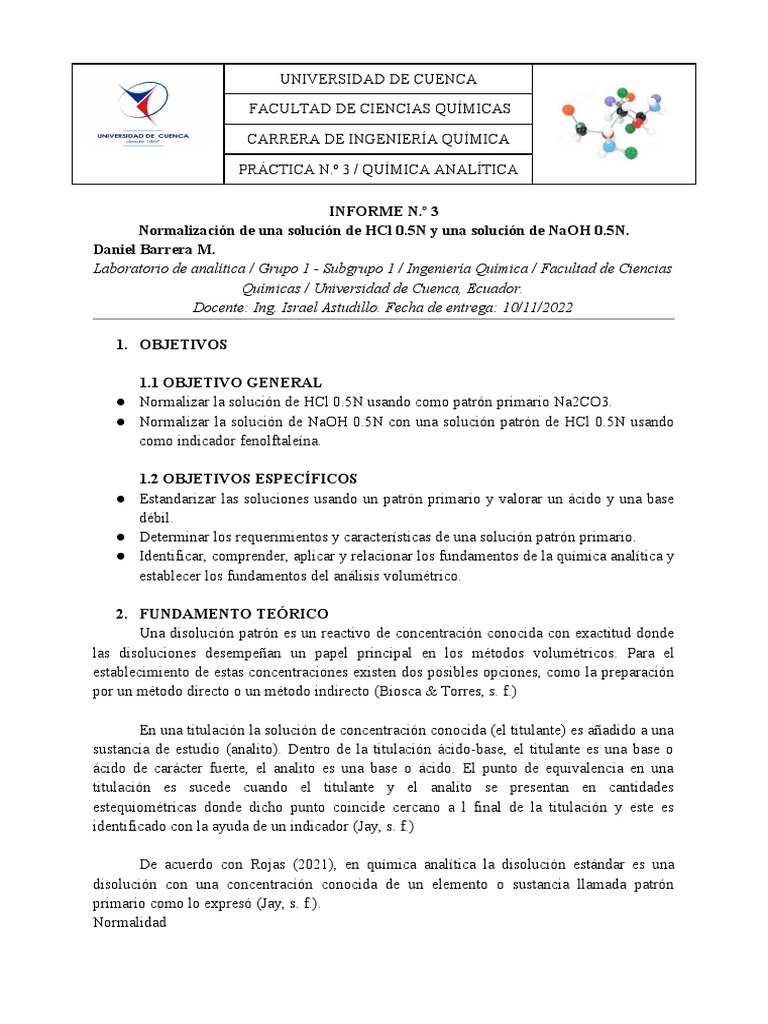 INFORME #3 Normalizacion de HCL y NaOH | PDF | Valoración | Química