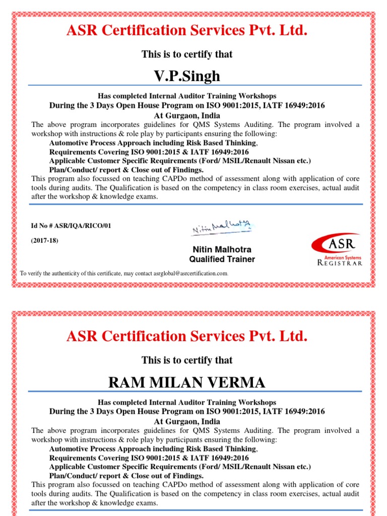 RICO ASR IQA Certificates | PDF | Iso 9000 | Internal Audit