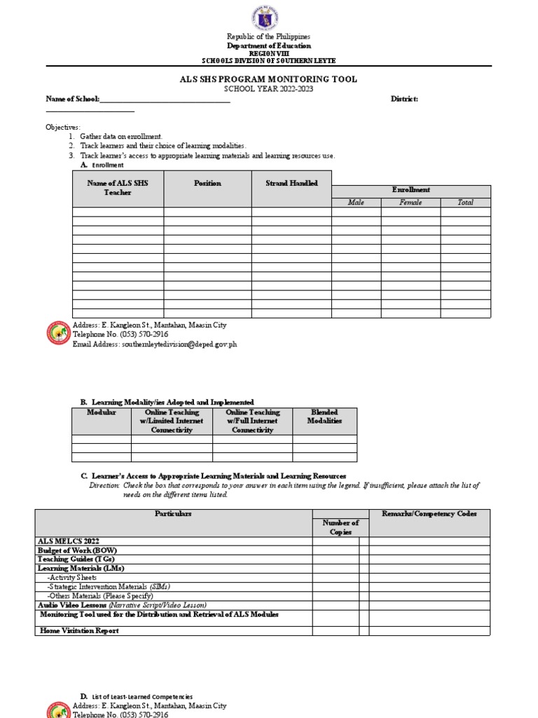 ALS SHS Monitoring Tool | PDF | Communication | Learning